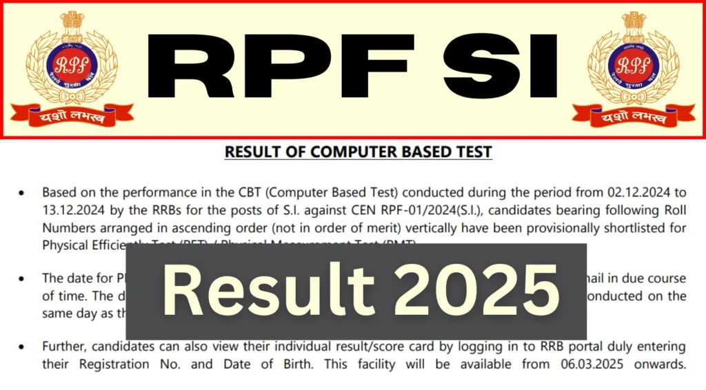 RPF SI Result 2025 Released, Check Cutoff Marks and Result PDF Now ...
